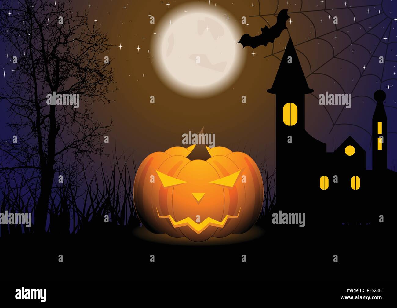 Halloween greeting card with Jack-O-Lantern pumpkin. Sinister moonlight ...
