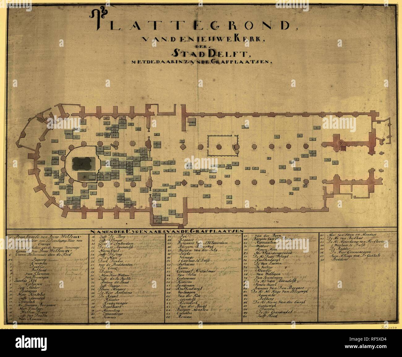 Plattegrond van de Nieuwe Kerk te Delft met de ligging van de graven ...