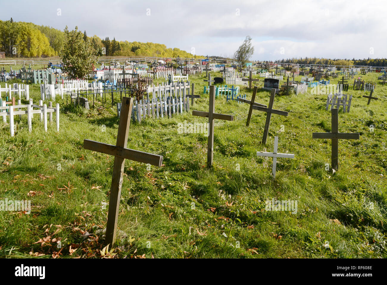 Crucifixes in a cemetery in the indigenous Cree First Nation town of ...