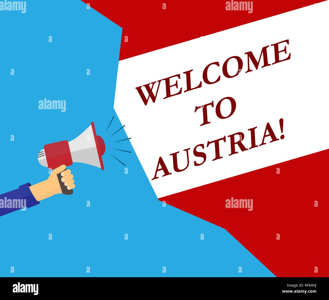 hand with a megaphone and the inscription Welcome to Austria against ...