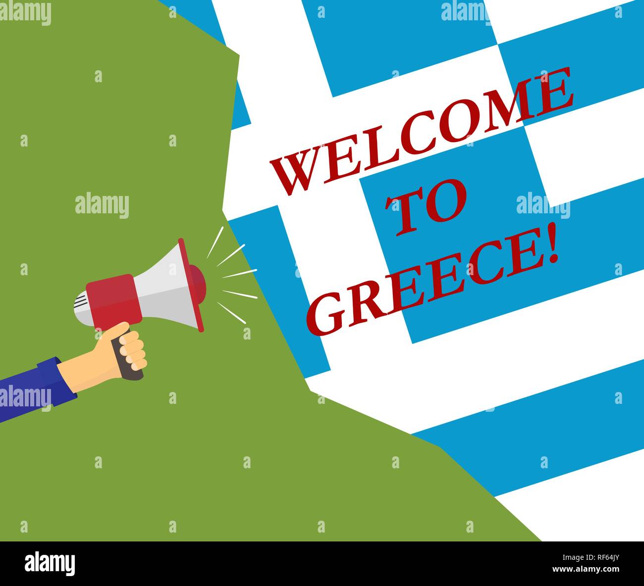 Hand with megaphone and the inscription Welcome to Greece on the ...