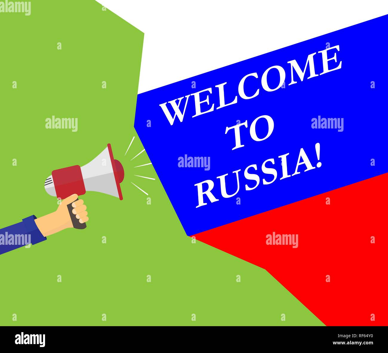 Hand with megaphone and the inscription Welcome to Russia on the ...