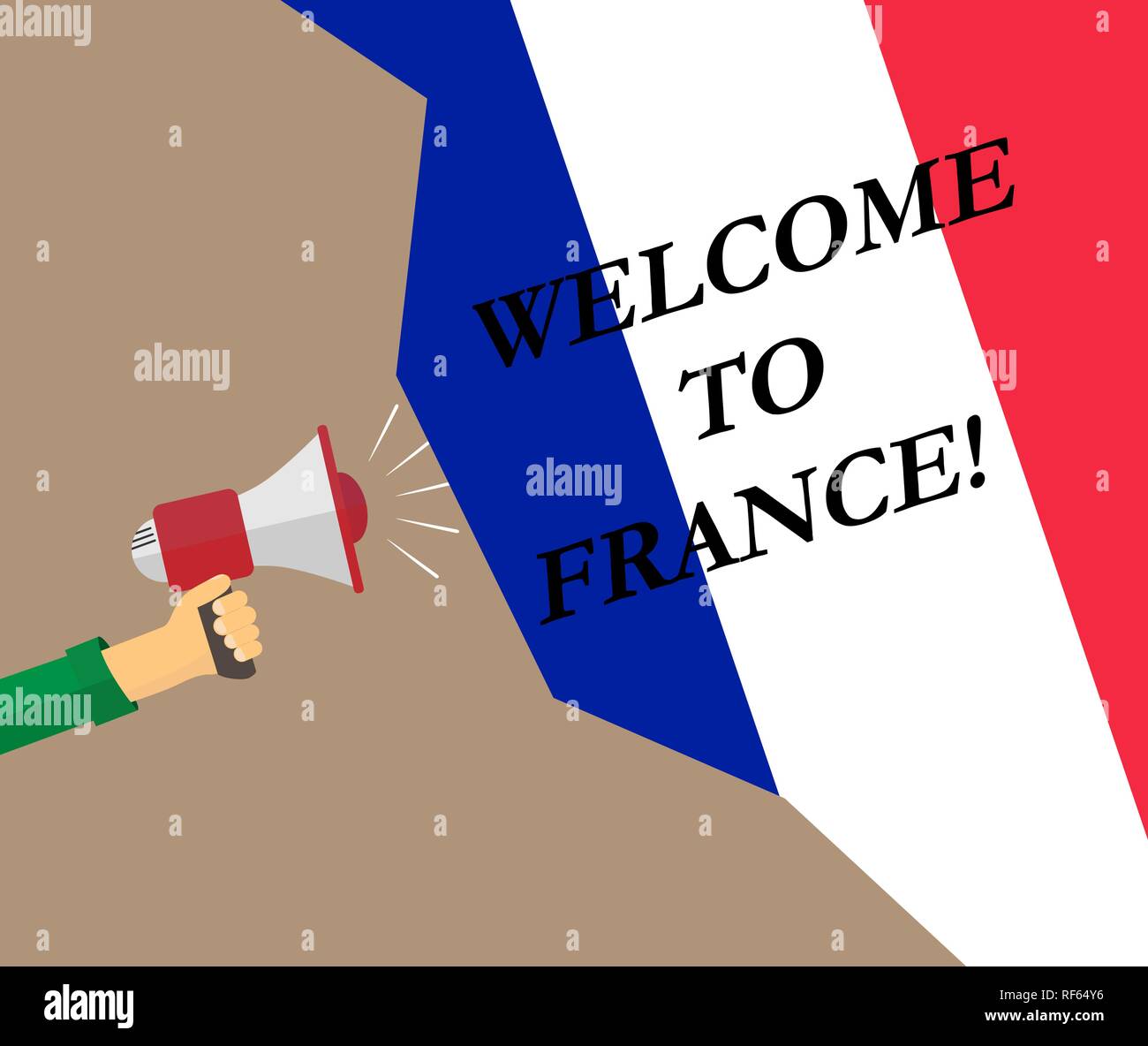 Hand with megaphone and the inscription Welcome to France on the ...