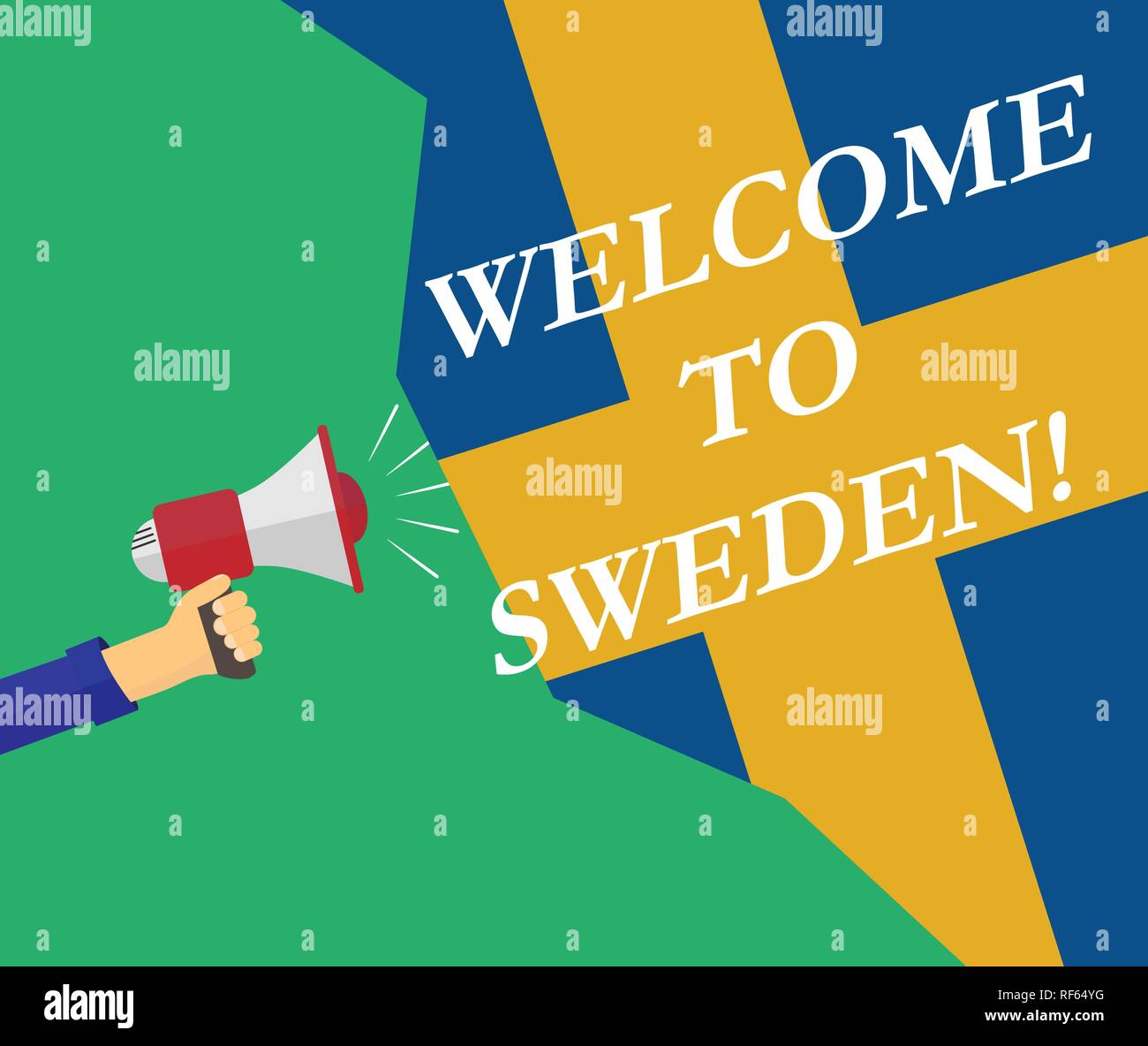 Hand with a megaphone and the inscription Welcome to Sweden on the ...