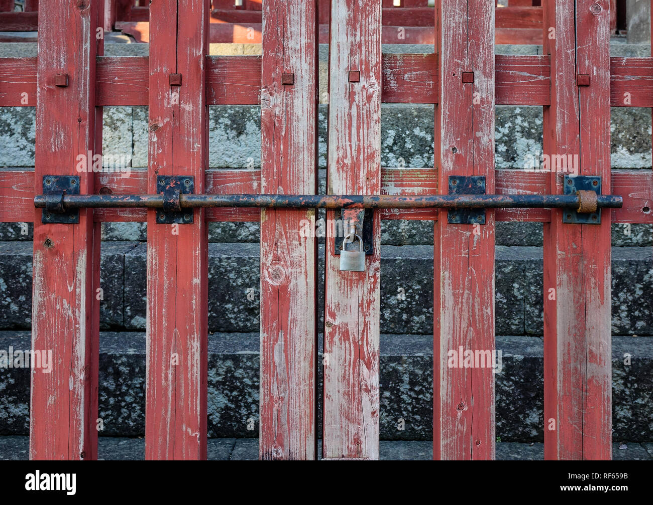 Red wooden fence of ancient temple in Nagano, Japan Stock Photo - Alamy