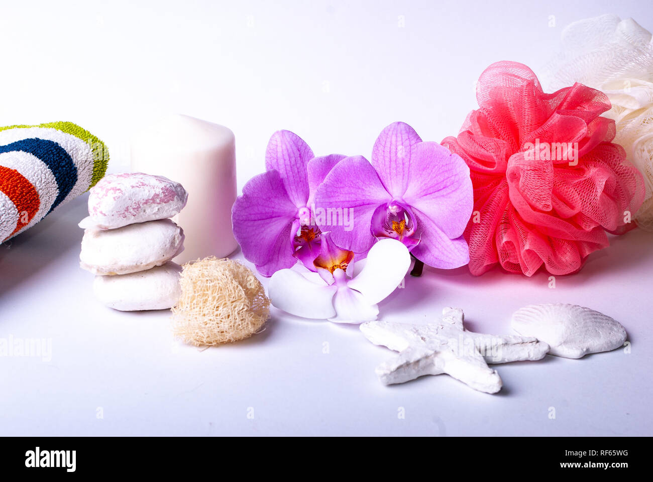 Close up of wellness colorful wellness items for luxury relaxation and ...