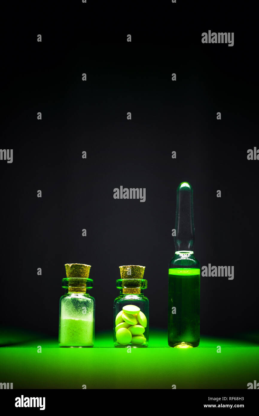 Chemical drugs types: powders, pills, liquid in ampoules. Addiction ...