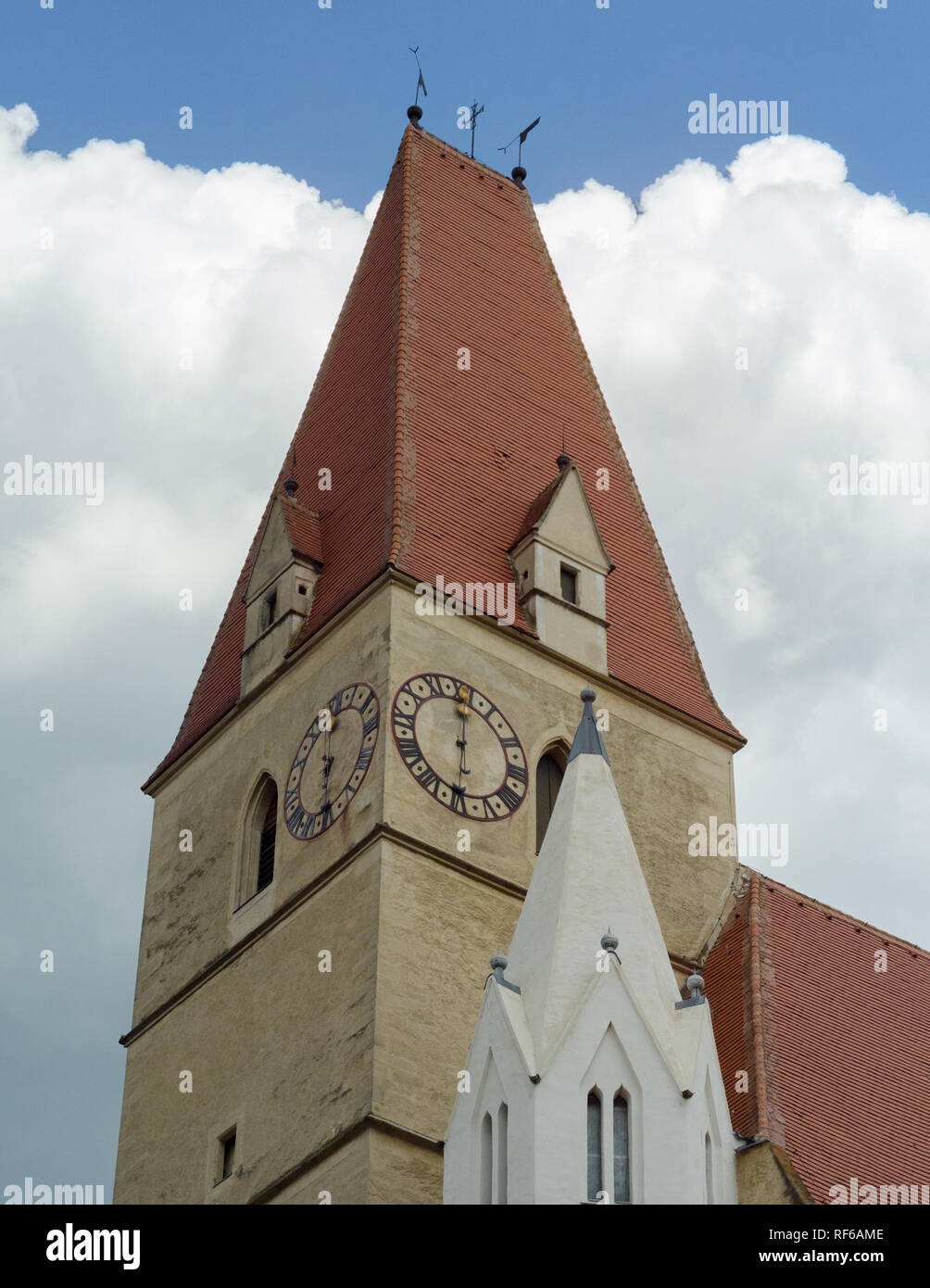 A church steeple in the Wachau Valley on the Danube River Cycle Path ...