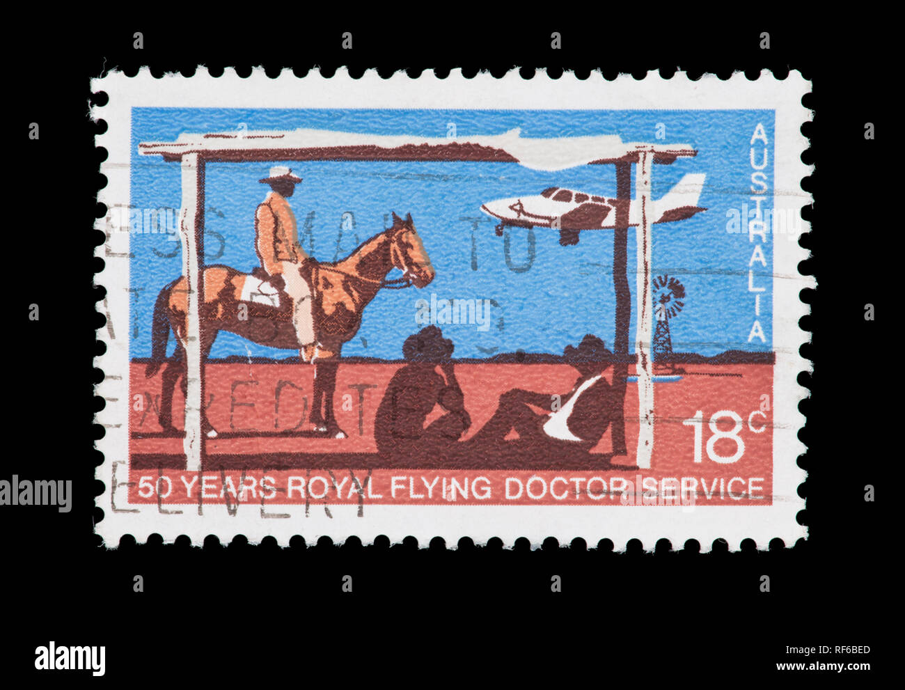 Postage stamp from Australia depicting a Beechcraft Baron airplane ...