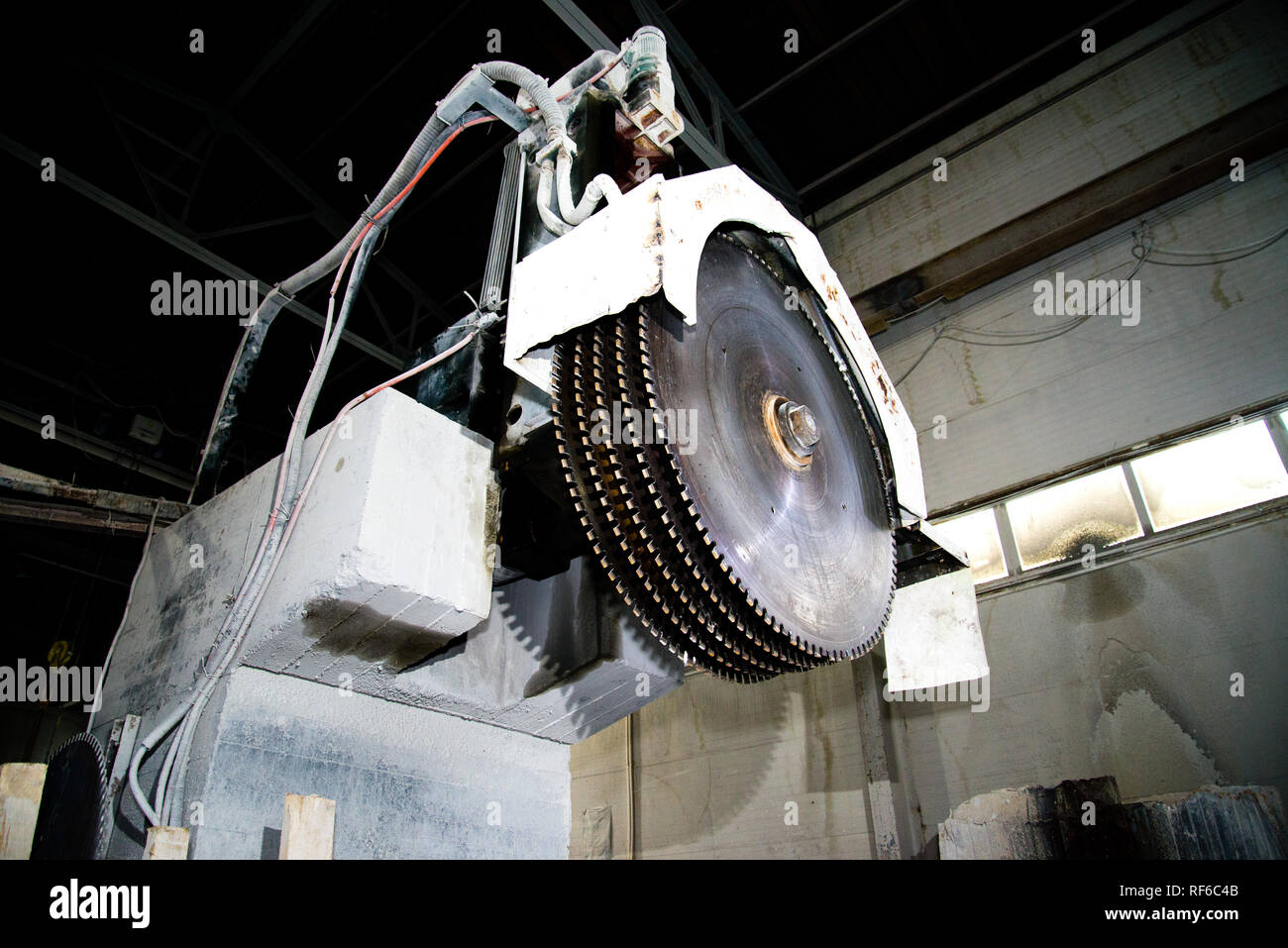 Industrial circular saws on a stone. Close-up. Industrial machine for ...