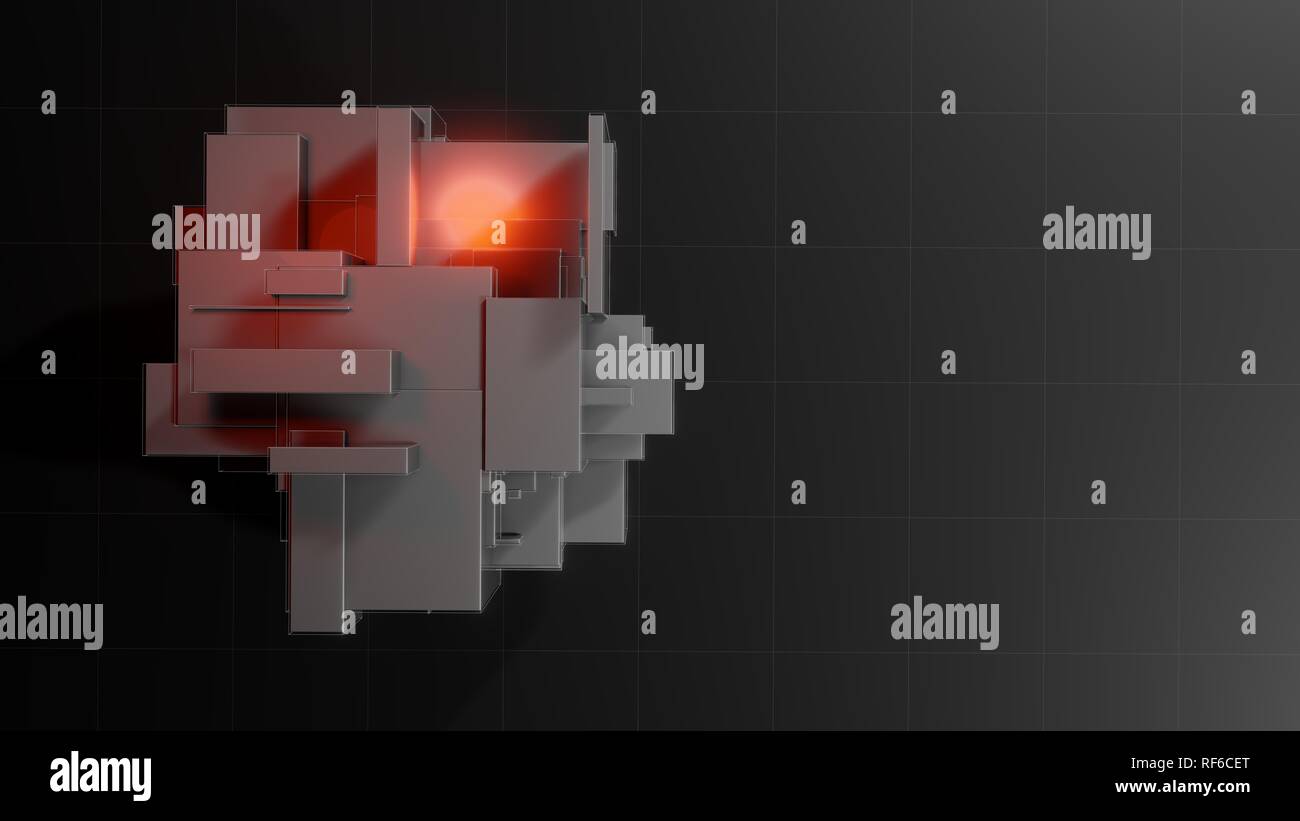 Abstract 3d object consisting of cubes. Red glow inside the object ...