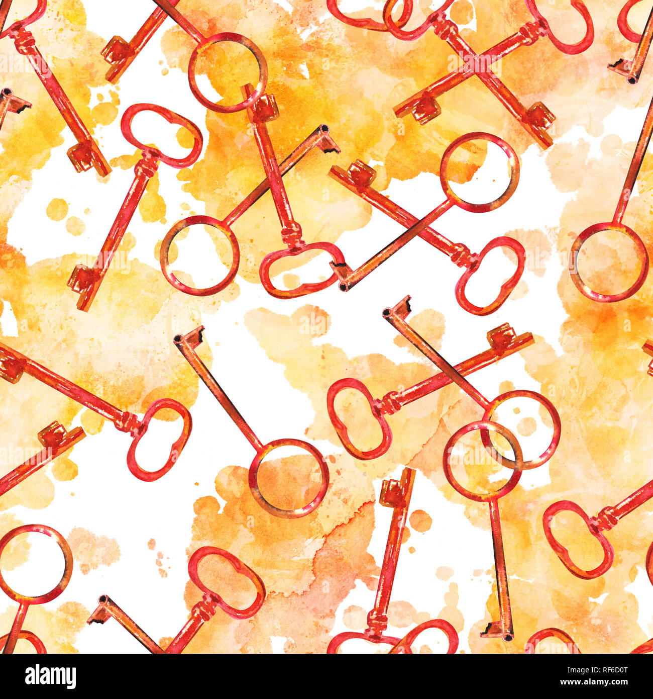 A seamless watercolor pattern with hand drawn golden skeleton keys on a ...