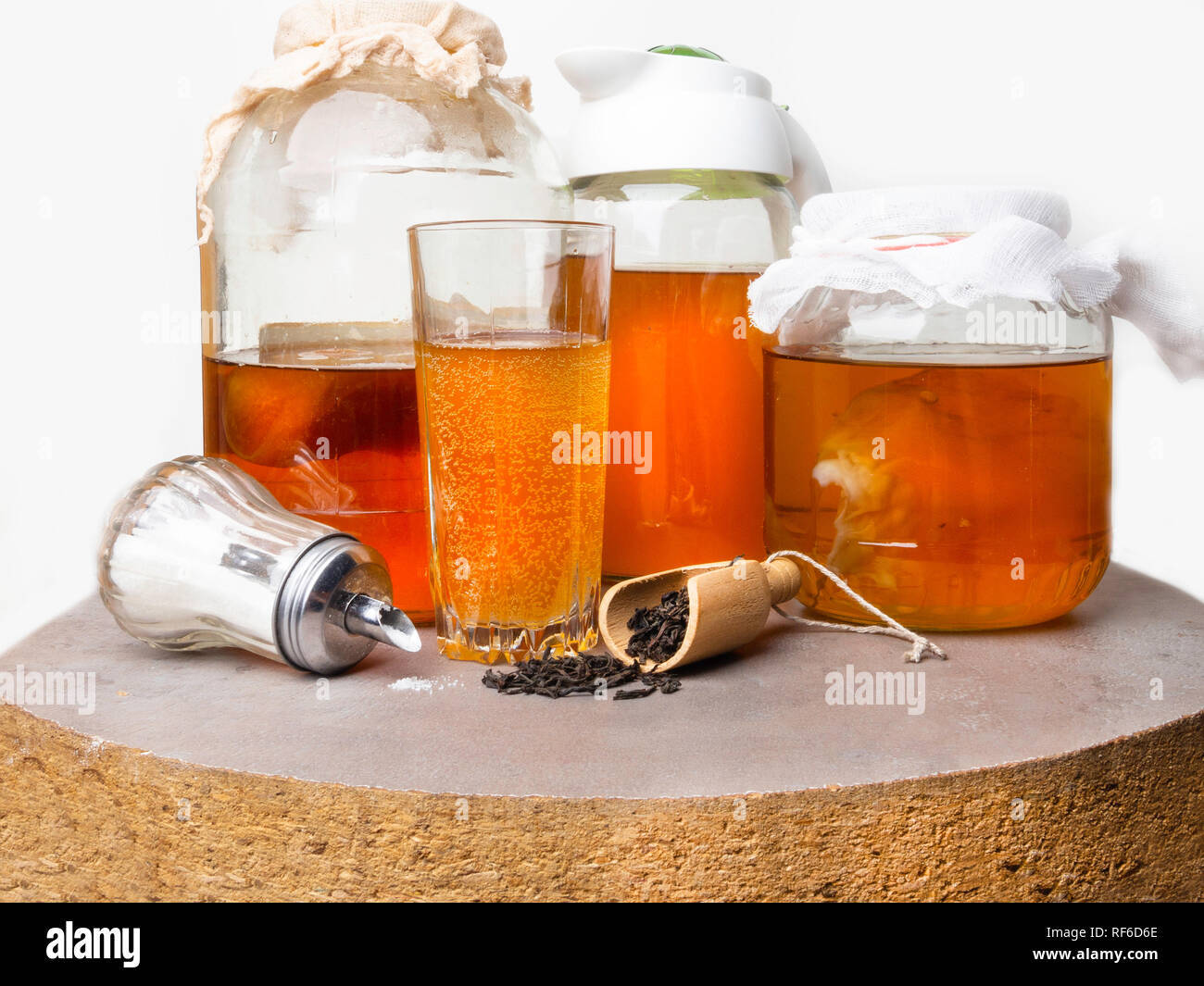 fermented drink, tea healthy natural probiotic in a glass jar isolated ...