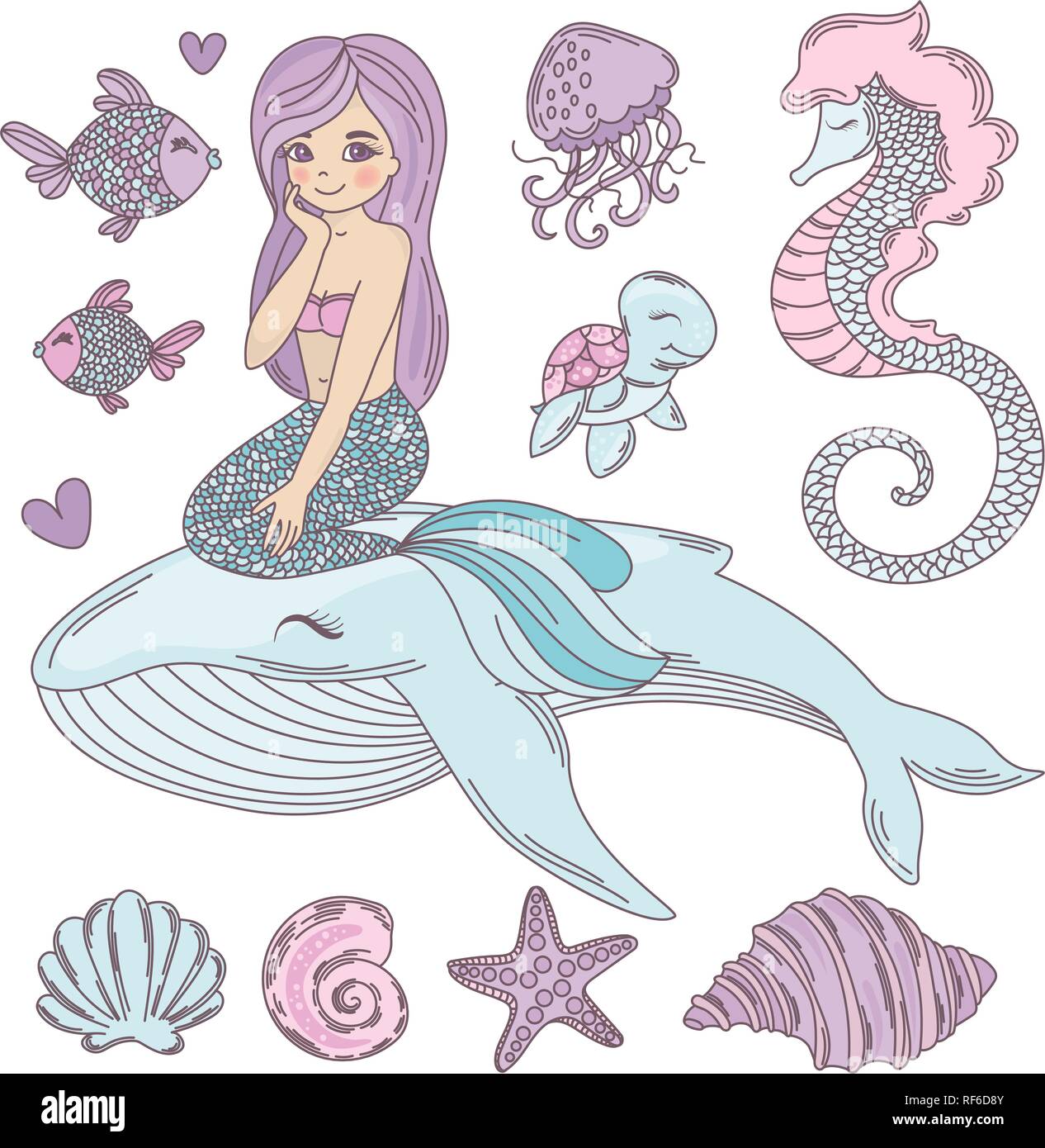 MERMAID FRIENDS Cartoon Travel Tropical Vector Illustration Set for ...
