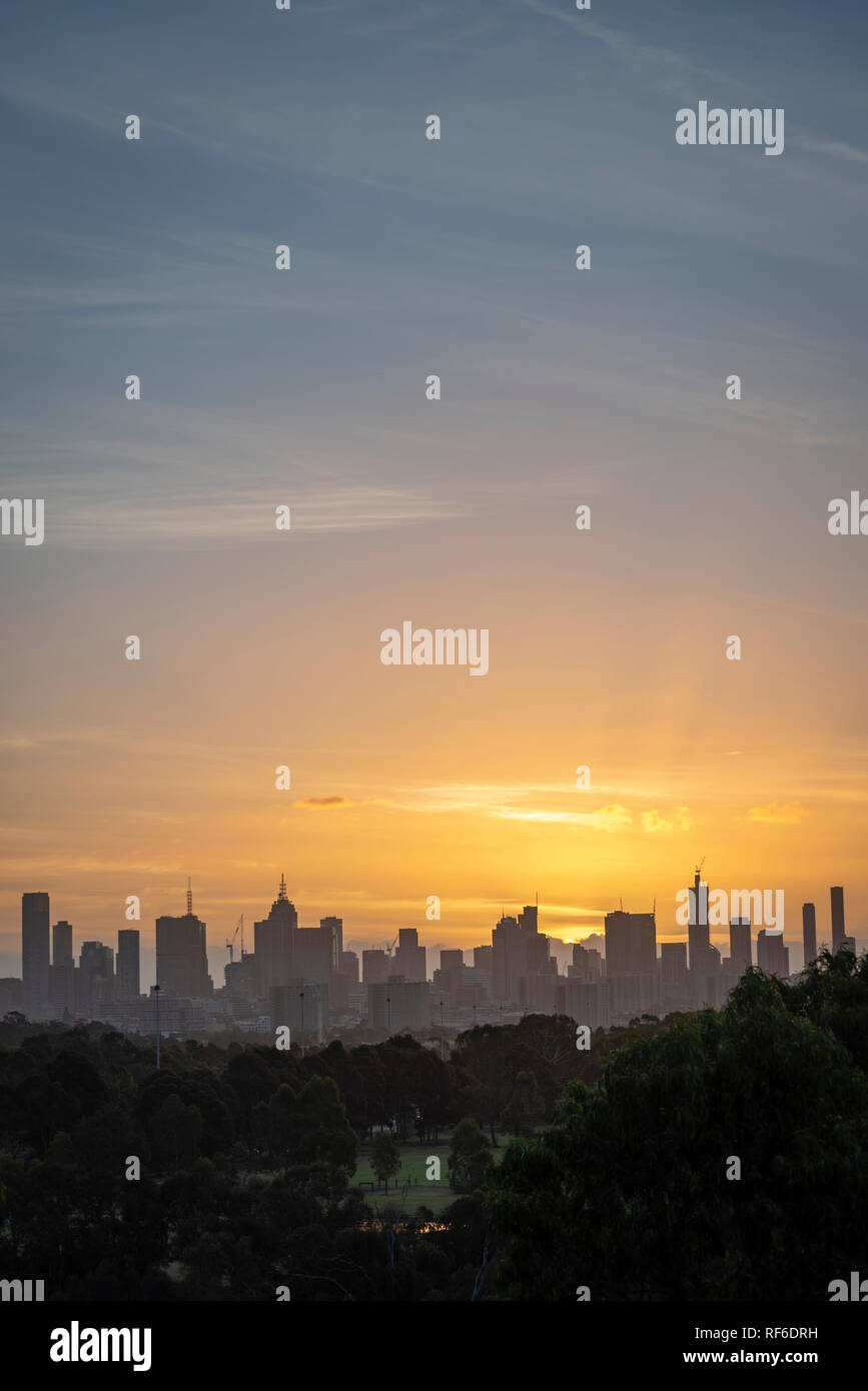 Melbourne city skyline with parks and trees in the foreground, vertical ...