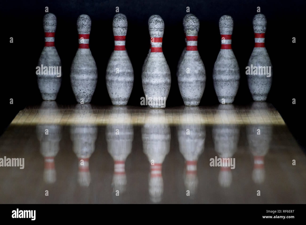 Ten pin bowling alley background. Closeup of tenpin row on a lane ...