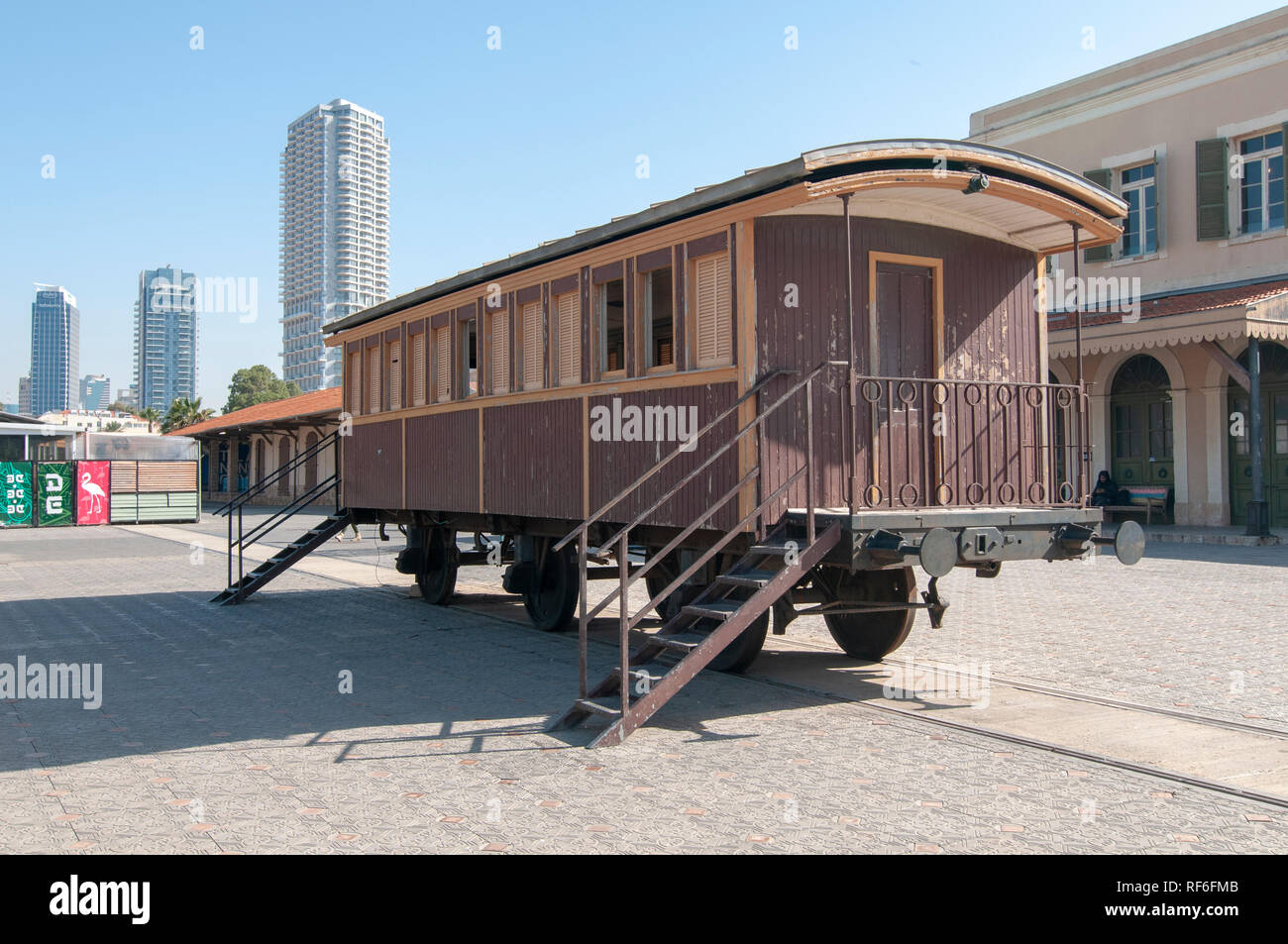 old train coach at the Tel Aviv, Neve Tzedek, Hatachana complex, a ...
