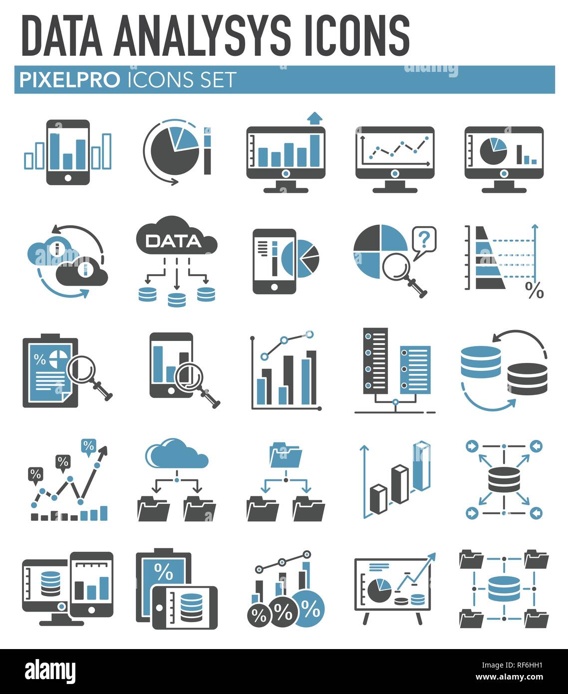 Data analysys grey blue icons set on white background for graphic and ...