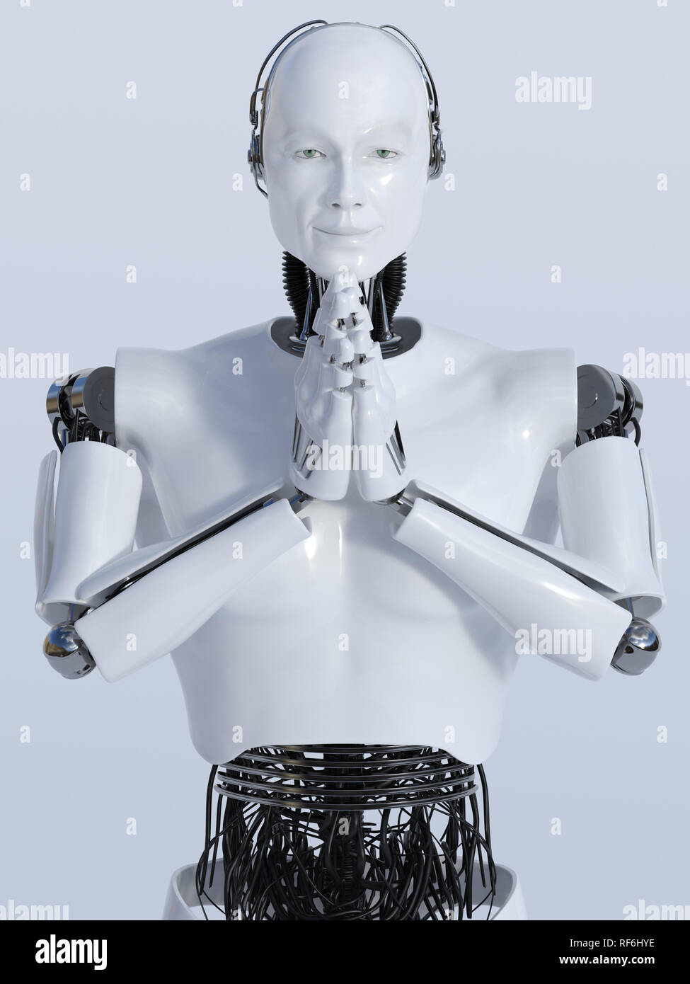 A closeup of a male robot doing a namaste greeting, image 2. Light grey ...