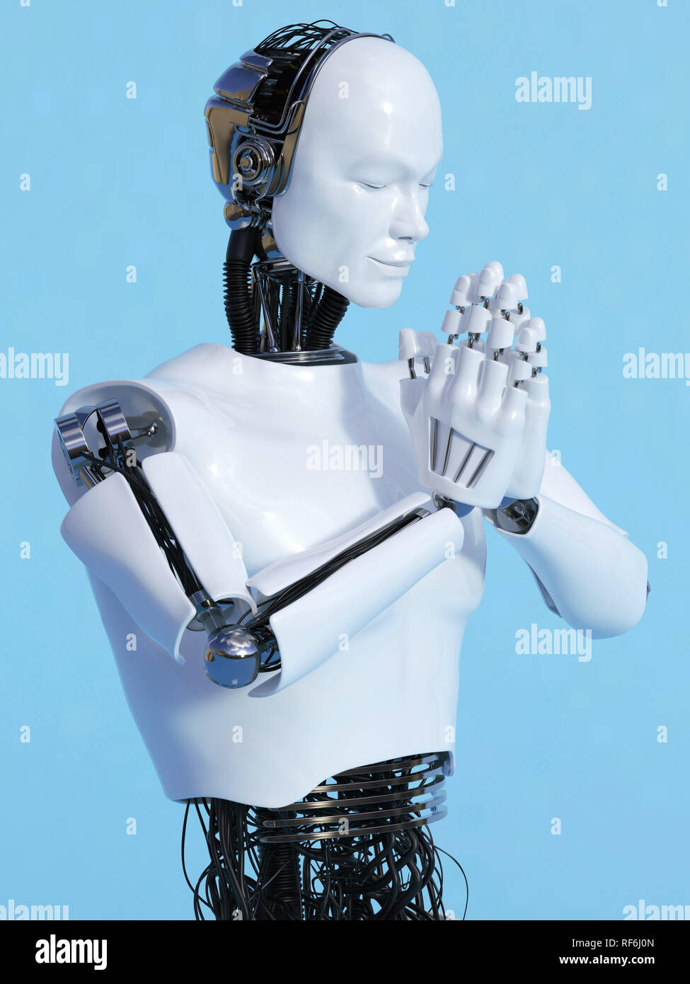 A closeup of a male robot doing a namaste greeting, image 4. Blue ...