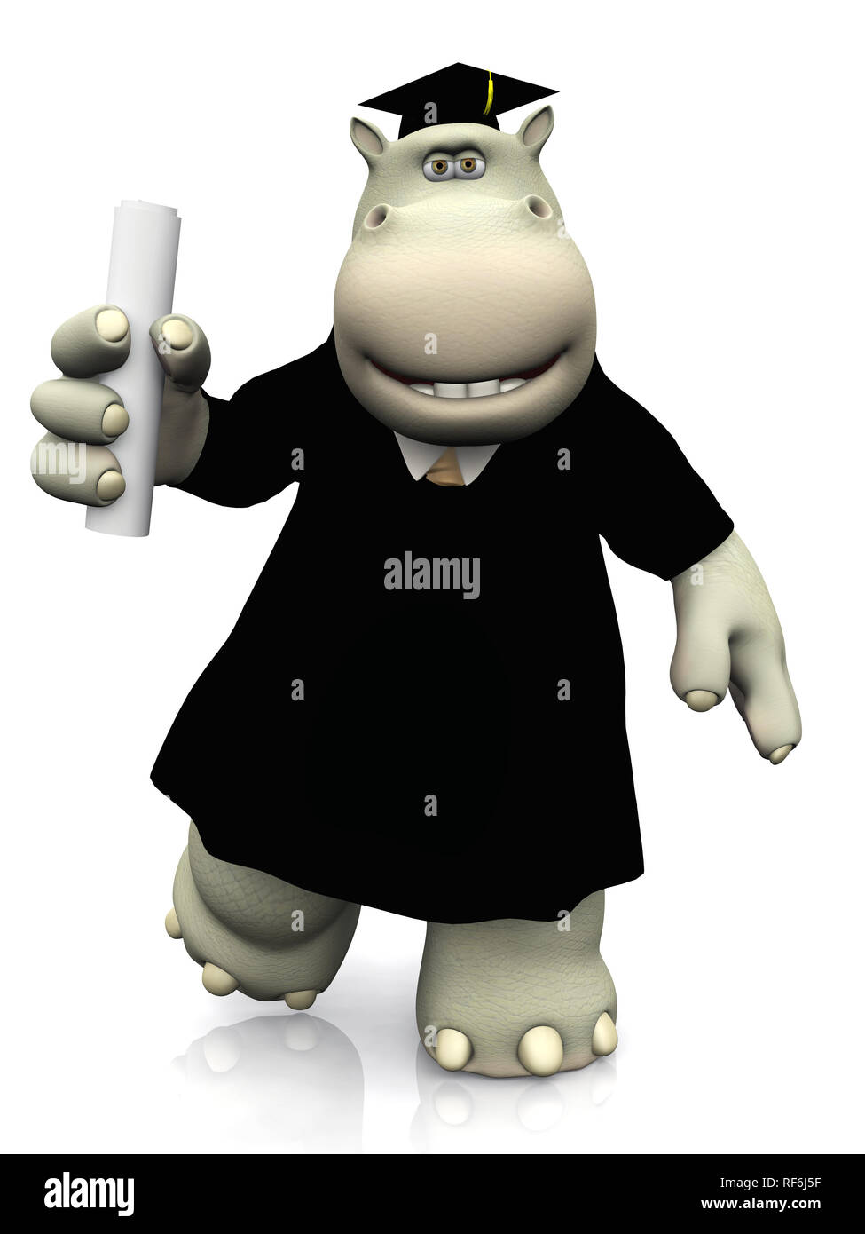 A smiling cartoon hippo wearing a graduation cap and gown. He is ...