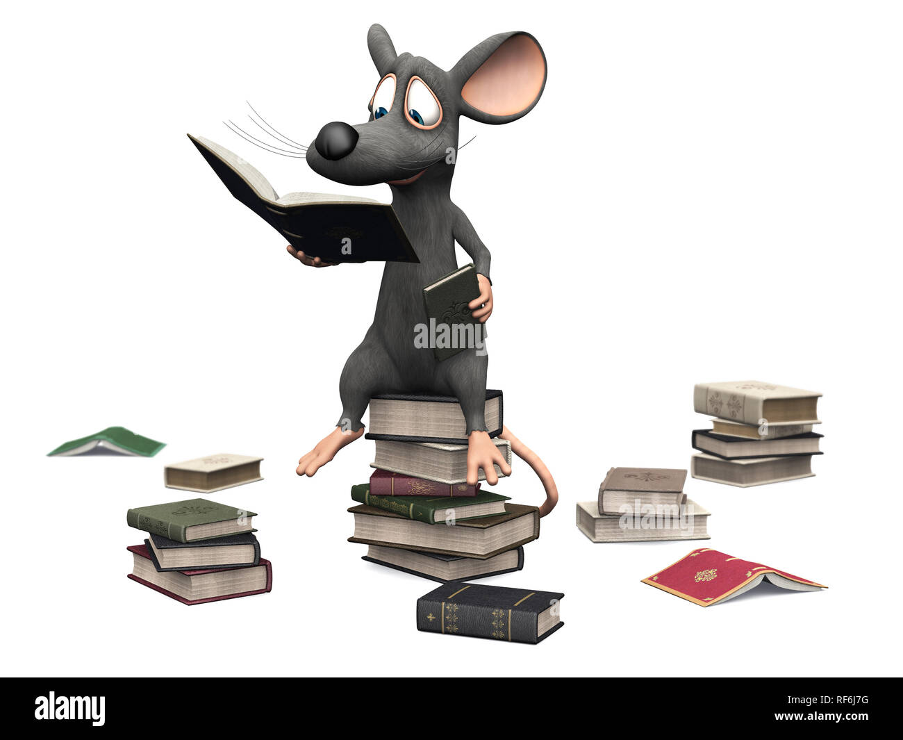 A cute smiling cartoon mouse sitting on a pile of books and reading ...