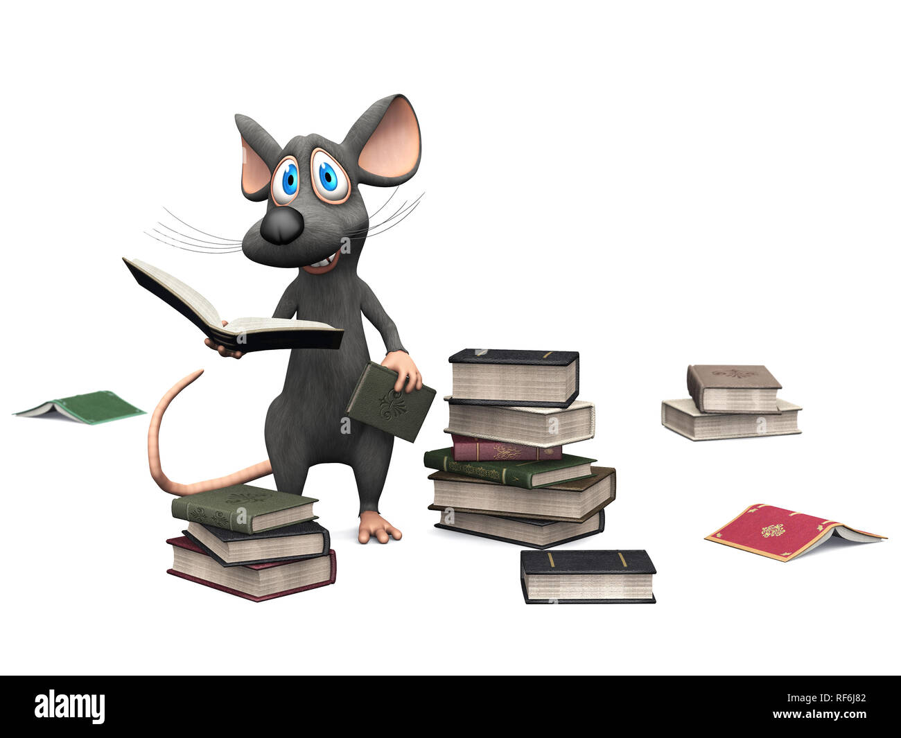 A cute smiling cartoon mouse holding a book in his hand. Several piles ...