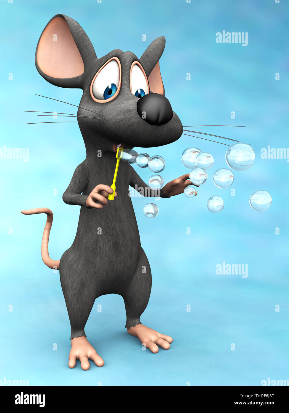 A cute cartoon mouse blowing soap bubbles. Blue background Stock Photo ...