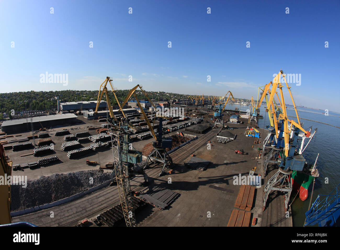 Panoramic view of the sea port on the coast of the Azov Sea Stock Photo ...