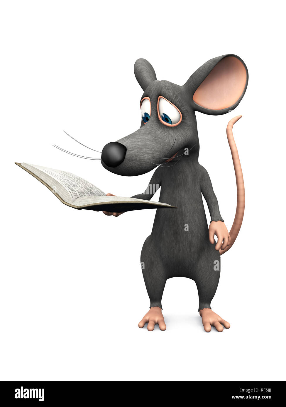 A cute smiling cartoon mouse reading a book he is holding in his hand ...
