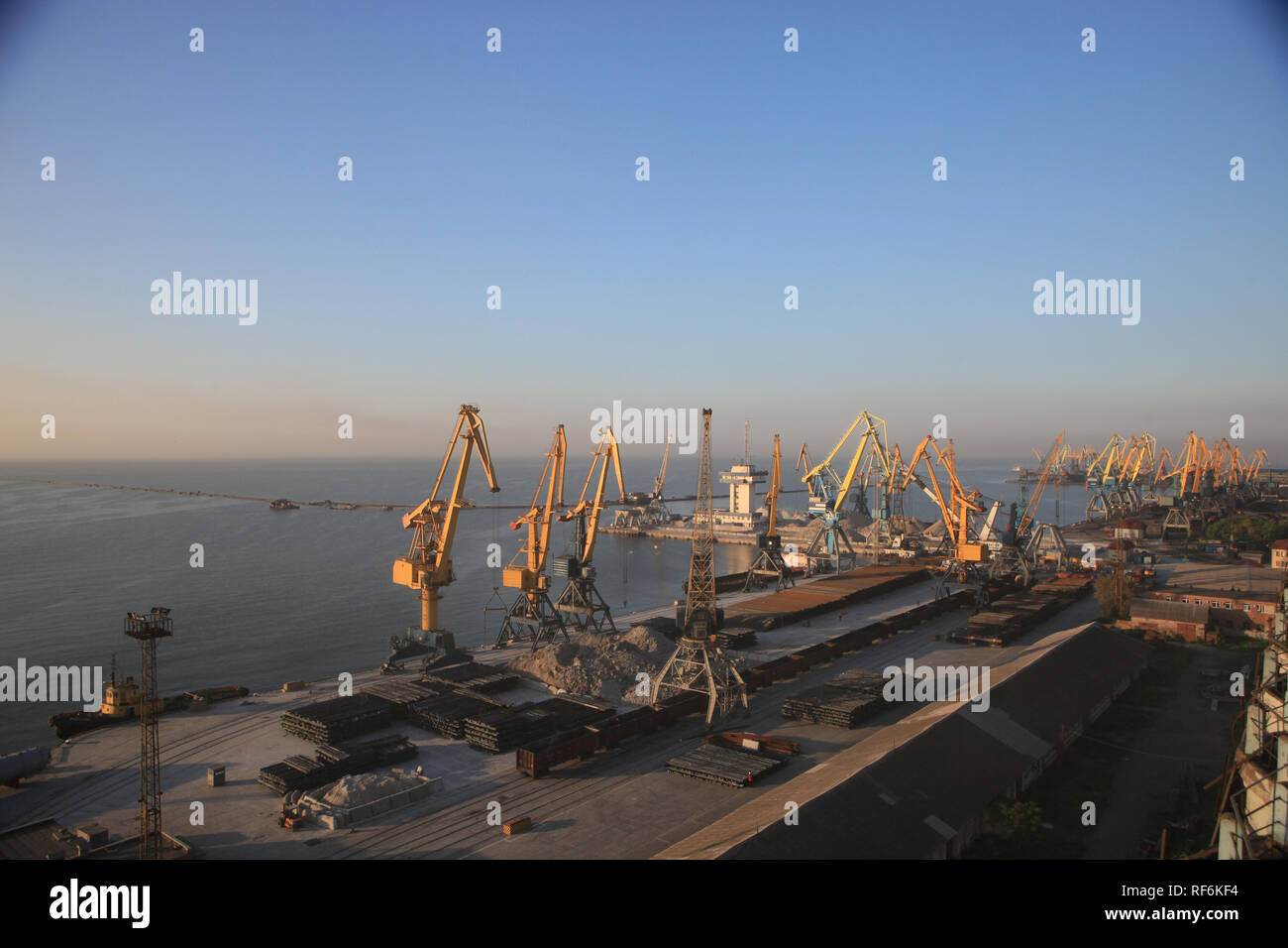 Panoramic view of the sea port on the coast of the Azov Sea, Mariupol ...