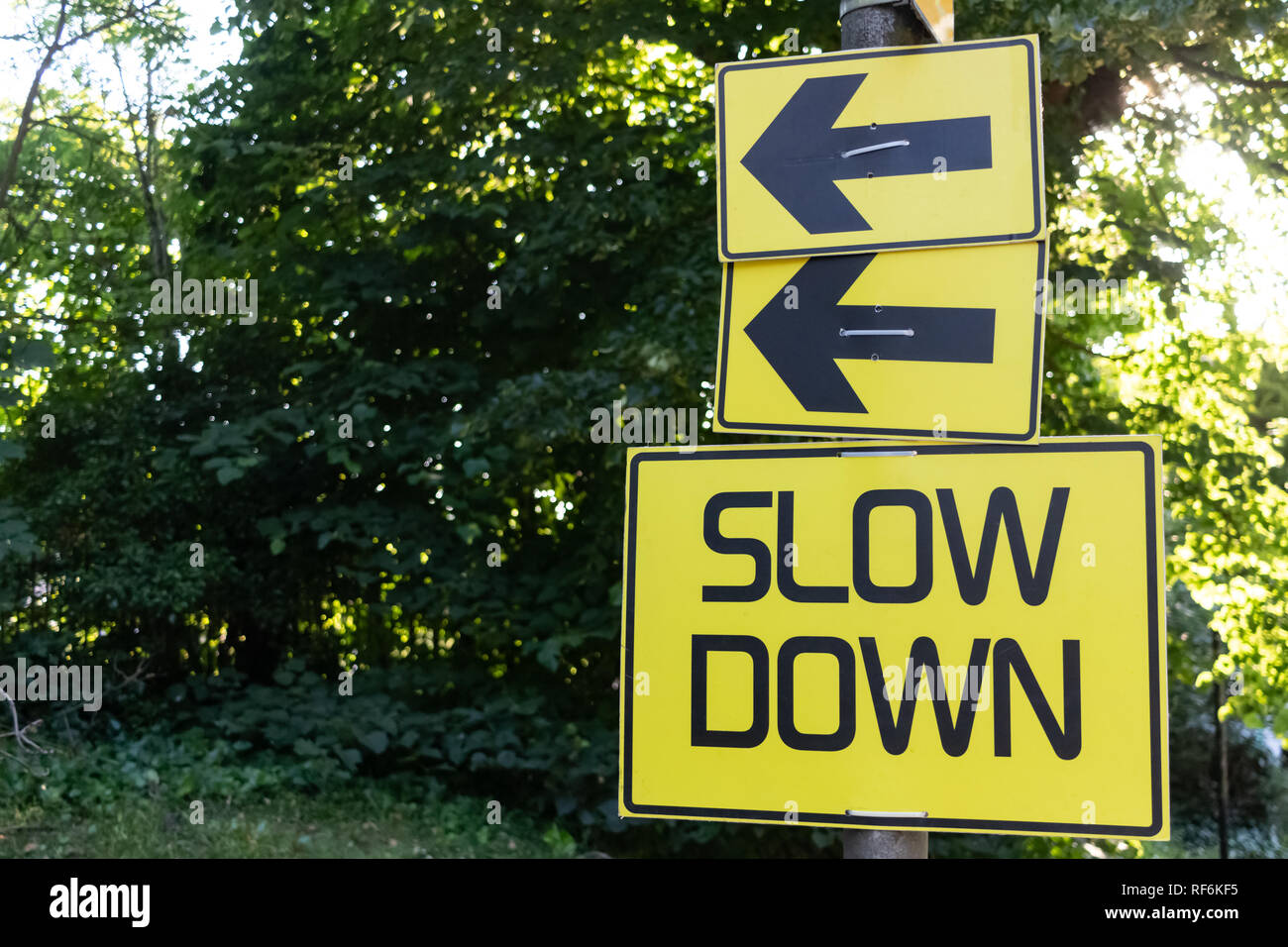 Slow Down yellow road sign green bush at background Stock Photo - Alamy