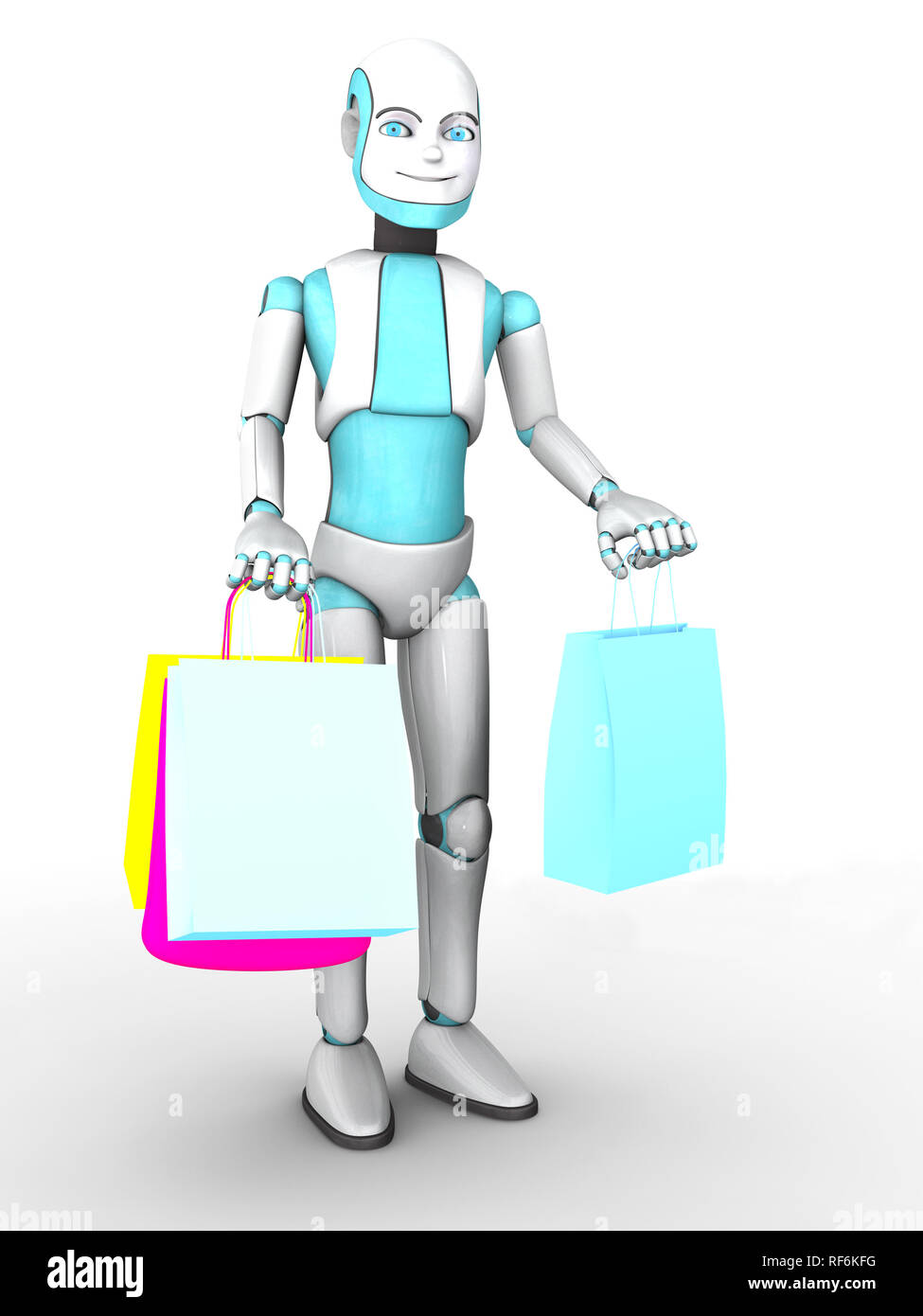 A smiling cartoon robot boy holding shopping bags in his hands. White ...