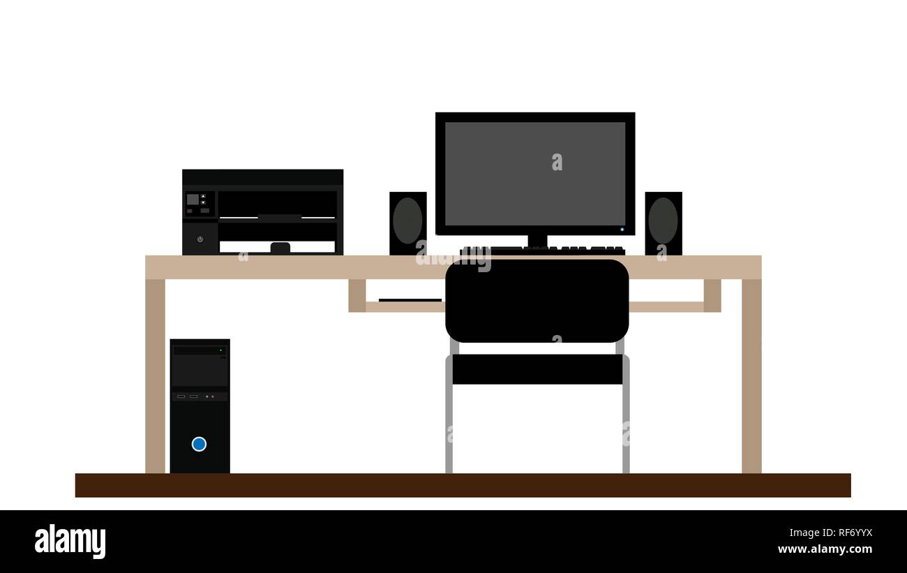 Workplace. Personal computer, printer, speakers, table. Vector Stock ...