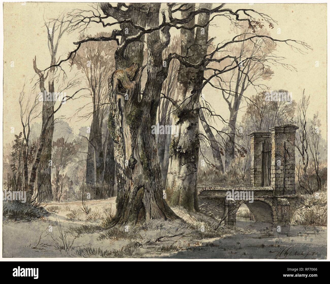 Winter landscape with gate between trees. Draughtsman: Hendrik Gerrit ...