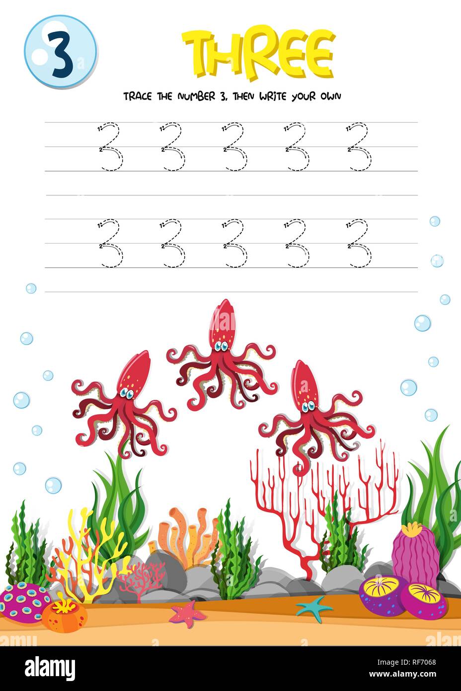 Number three tracing alphabet worksheets illustration Stock Vector ...