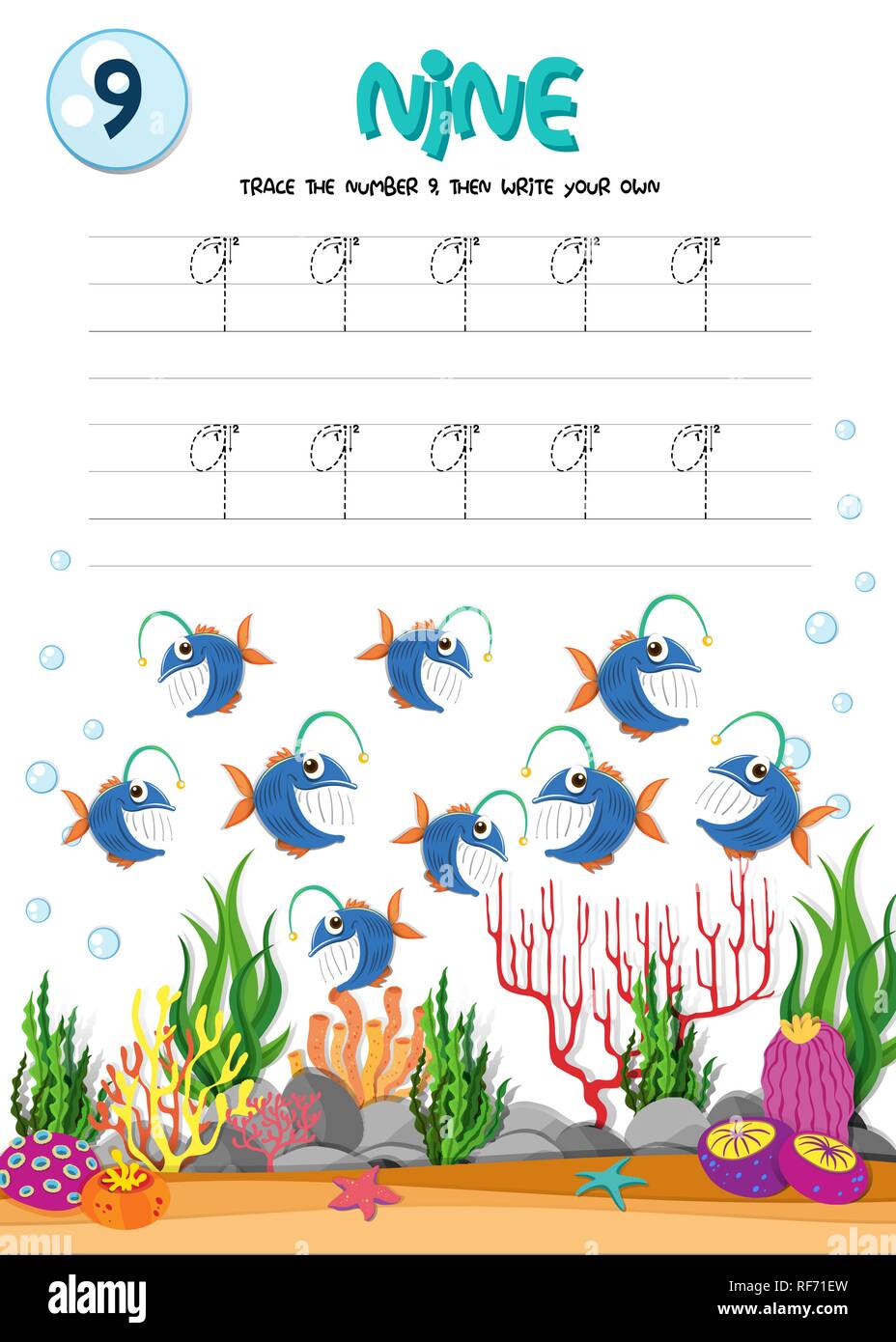 How to write number nine worksheet illustration Stock Vector Image ...