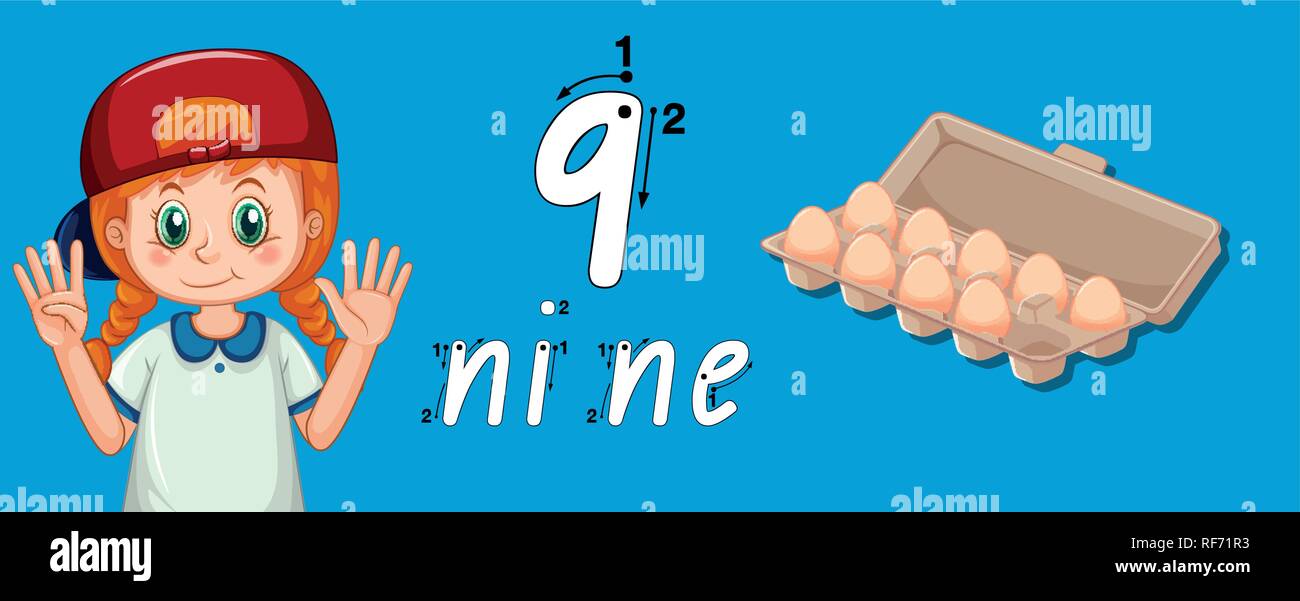 Girl showing how to write number nine illustration Stock Vector Image ...