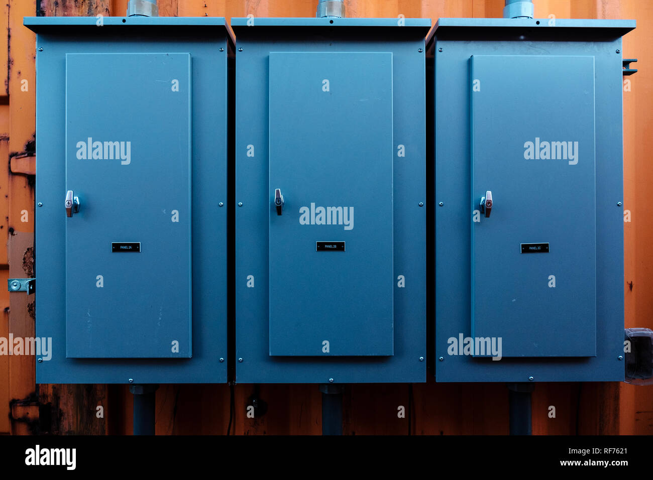 Electrical panels mounted on the side of the shipping containers Stock ...