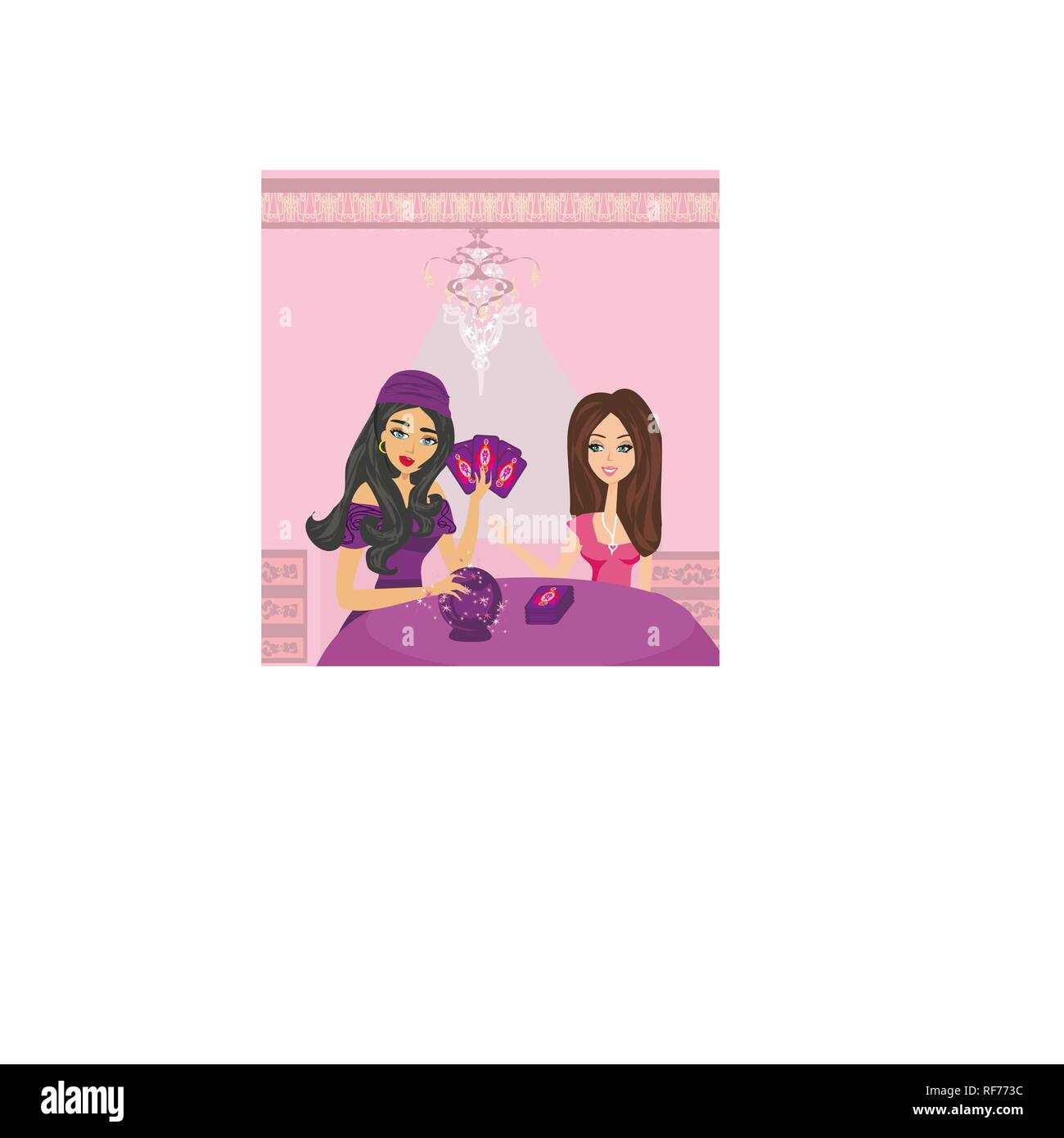 Fortune teller woman reading future on magic crystal ball and tarot ...