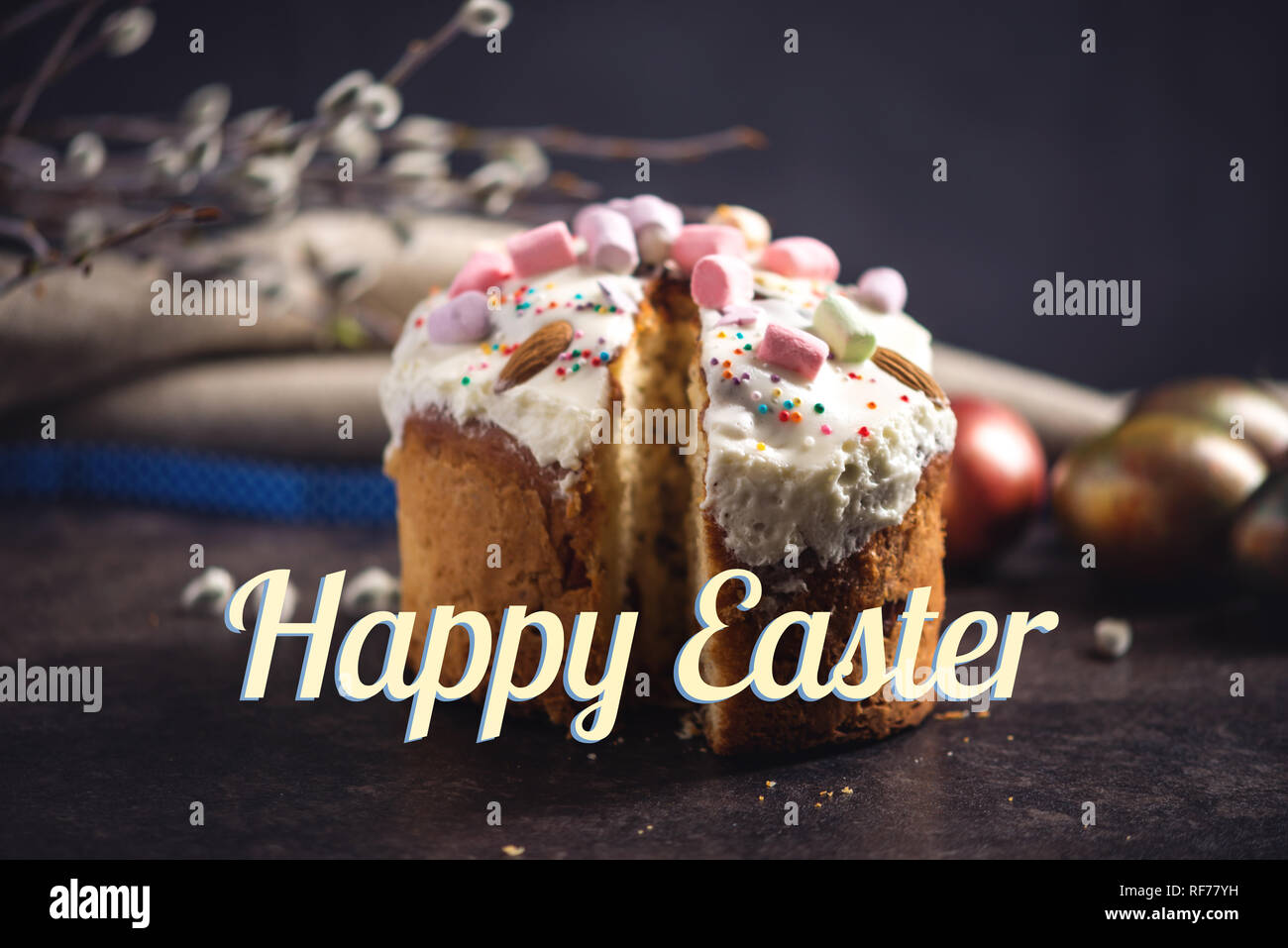A card with traditional Easter cakes and colorful eggs and text on a ...