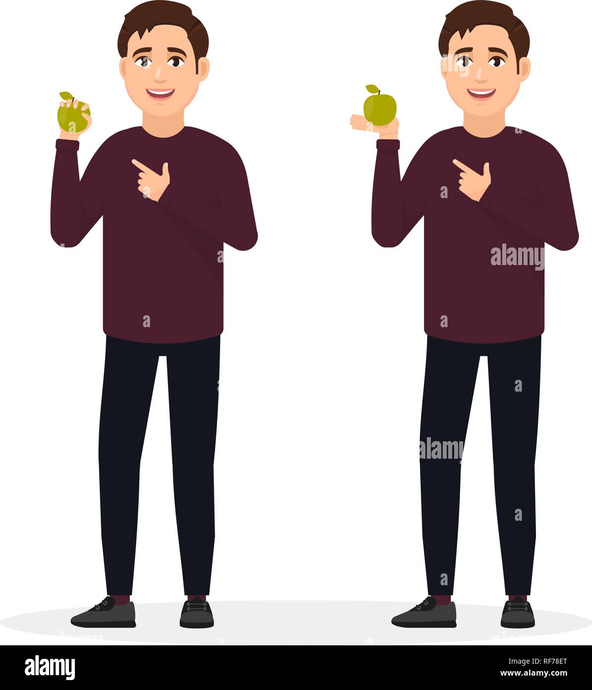 The guy shows a green apple, eat healthy food, character in a flat ...