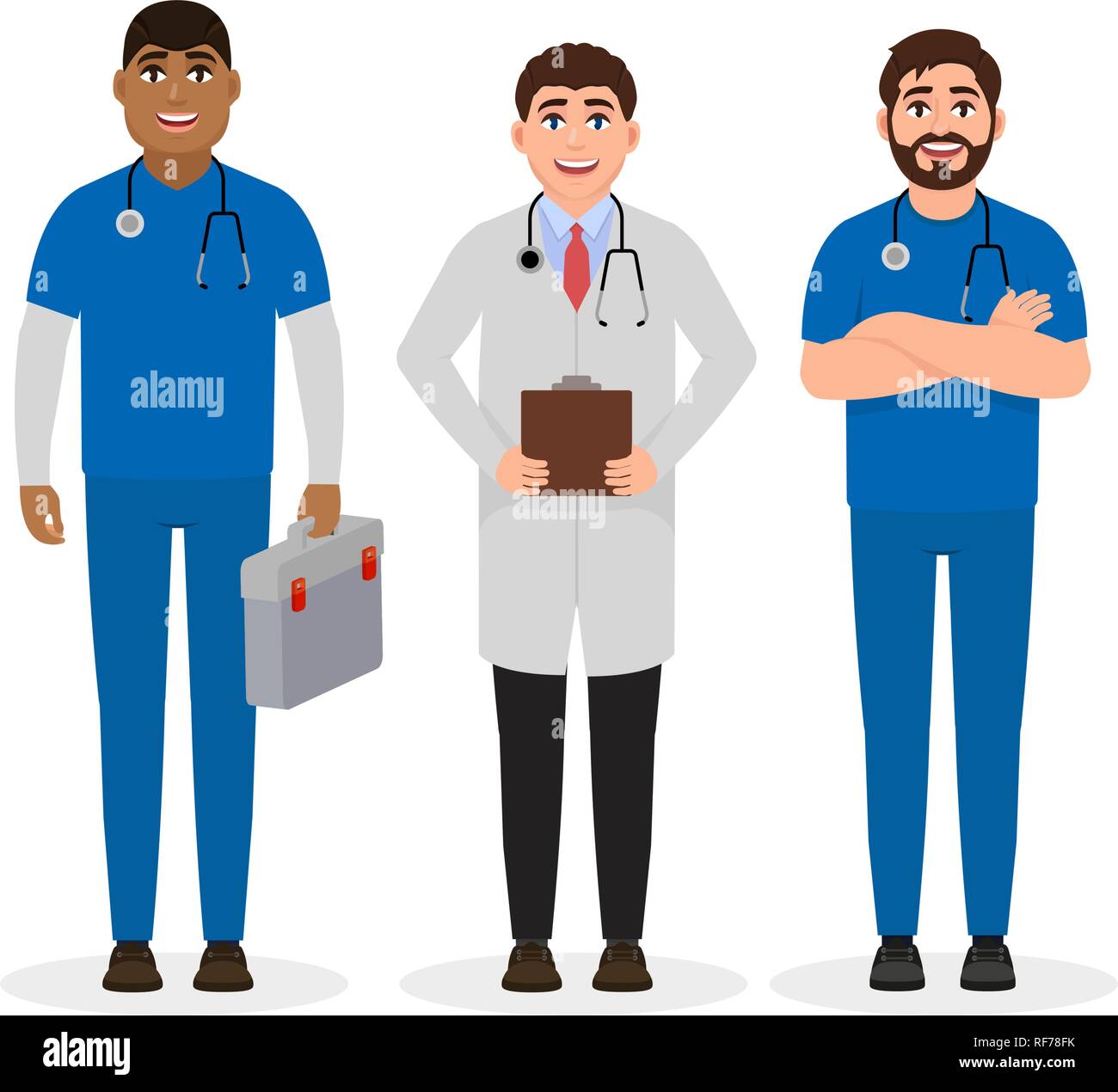 Doctors dressed in medical uniform, three happy characters in flat ...