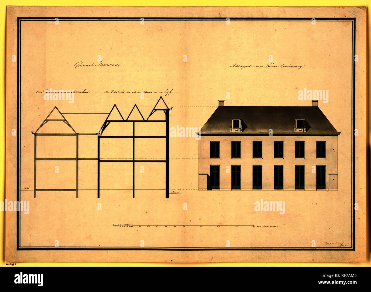 Architectural design drawing of the rear facade of a house. Draughtsman ...