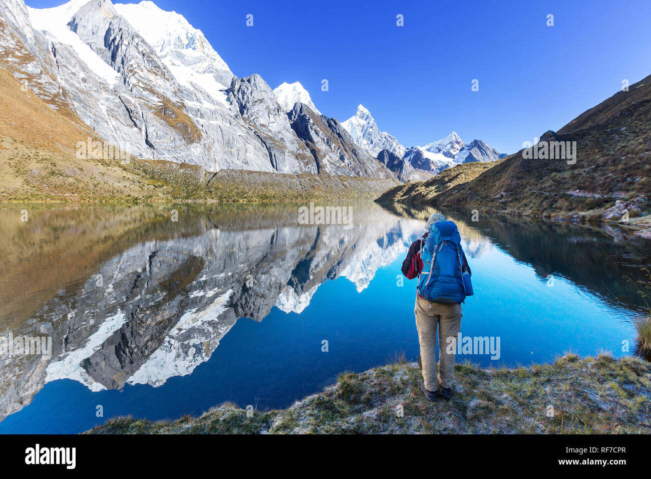 Hiking scene in Cordillera mountains, Peru Stock Photo - Alamy