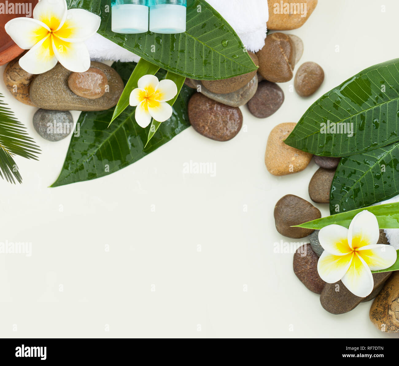 Spa background with green leaves, stones, flowers and cosmetics on ...