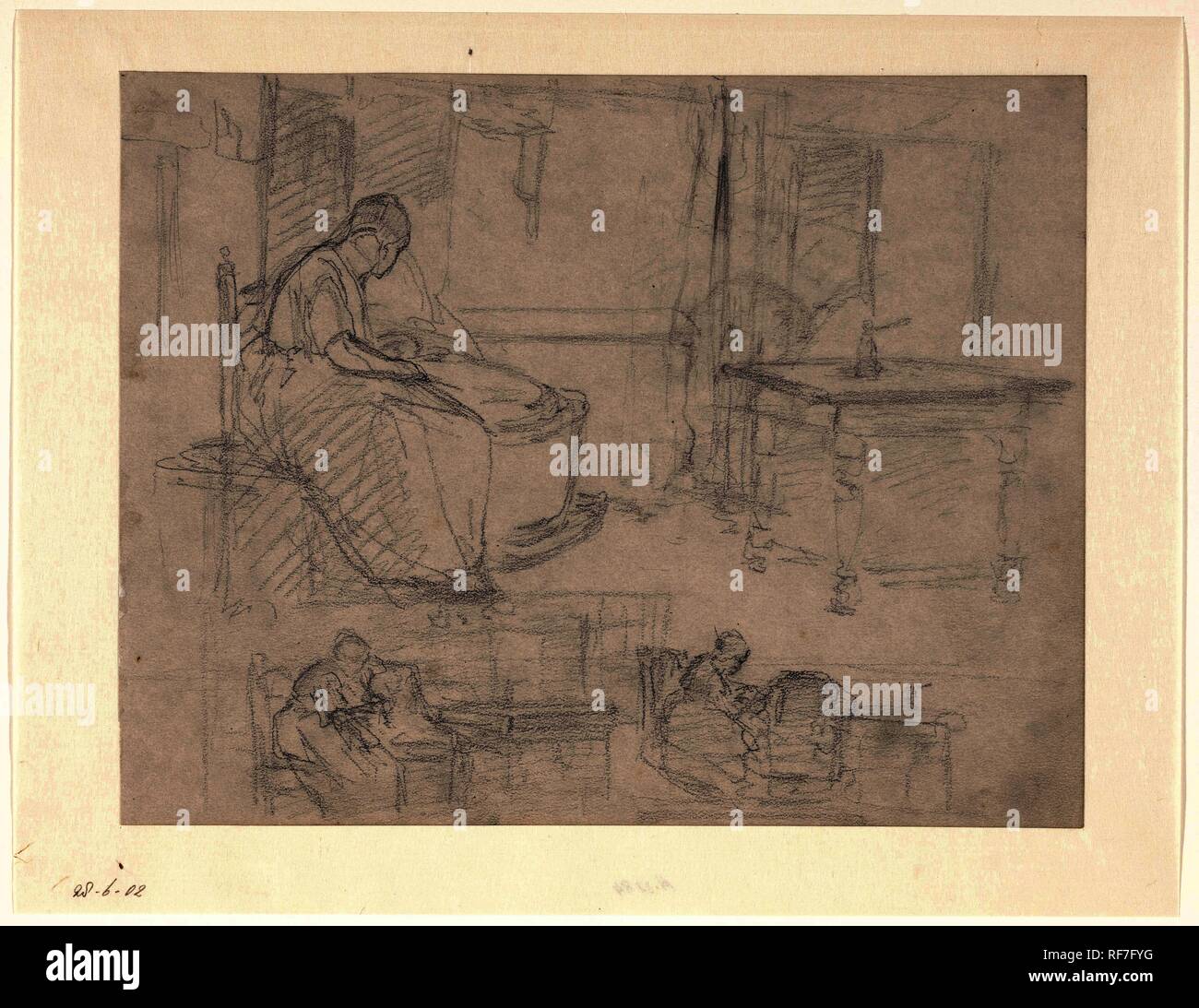 Sketch sheet with woman at a crib. Draughtsman: Hendrik Valkenburg ...