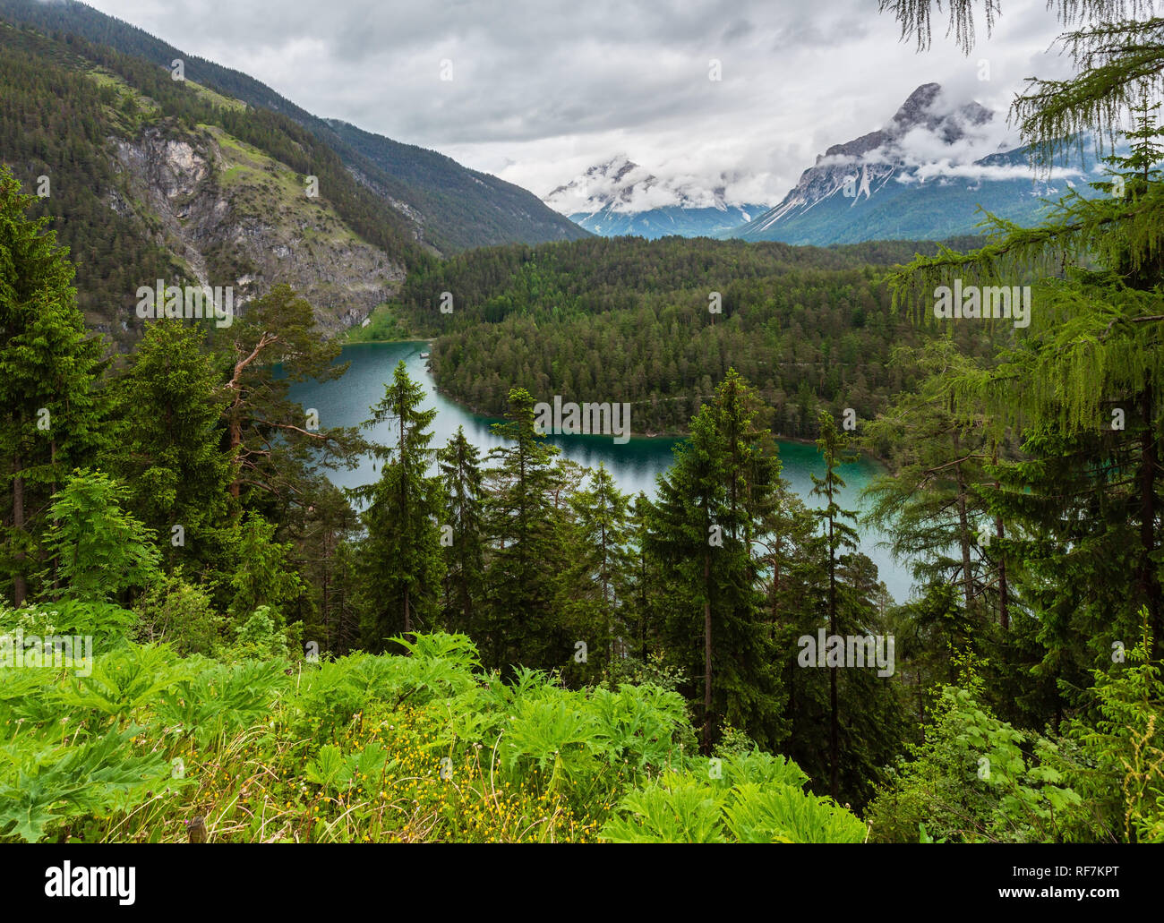 Blindsee summer landscape. Overcast day. Fernpass, Austria, Zugspitze ...