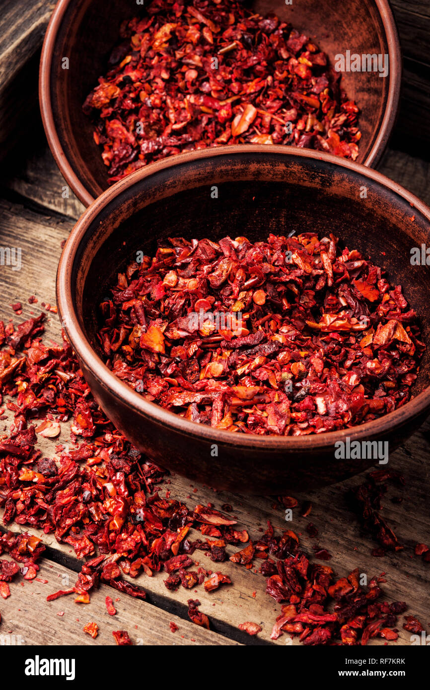 Crushed red cayenne pepper, dried chili flakes.Spice for meat dishes ...