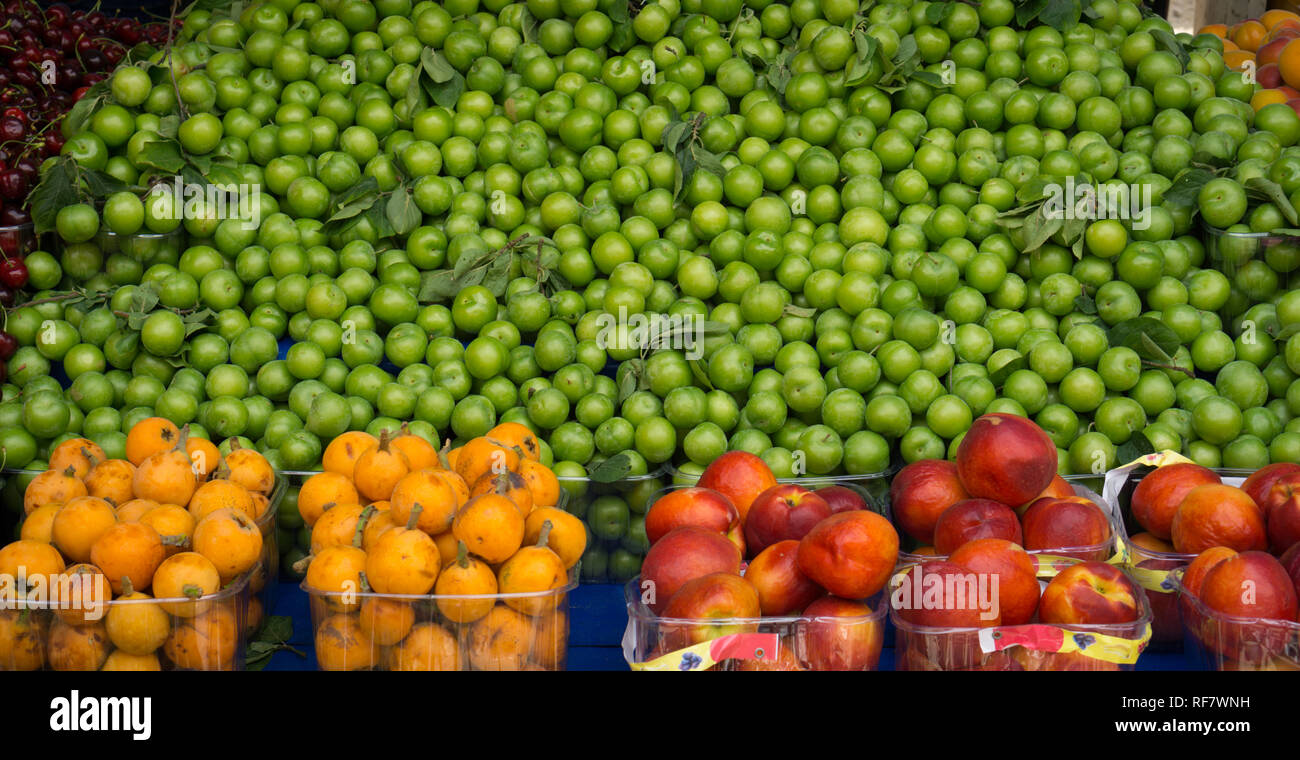 Fresh green pulms, fresh loquats, fresh nectarines. Various fresh ...